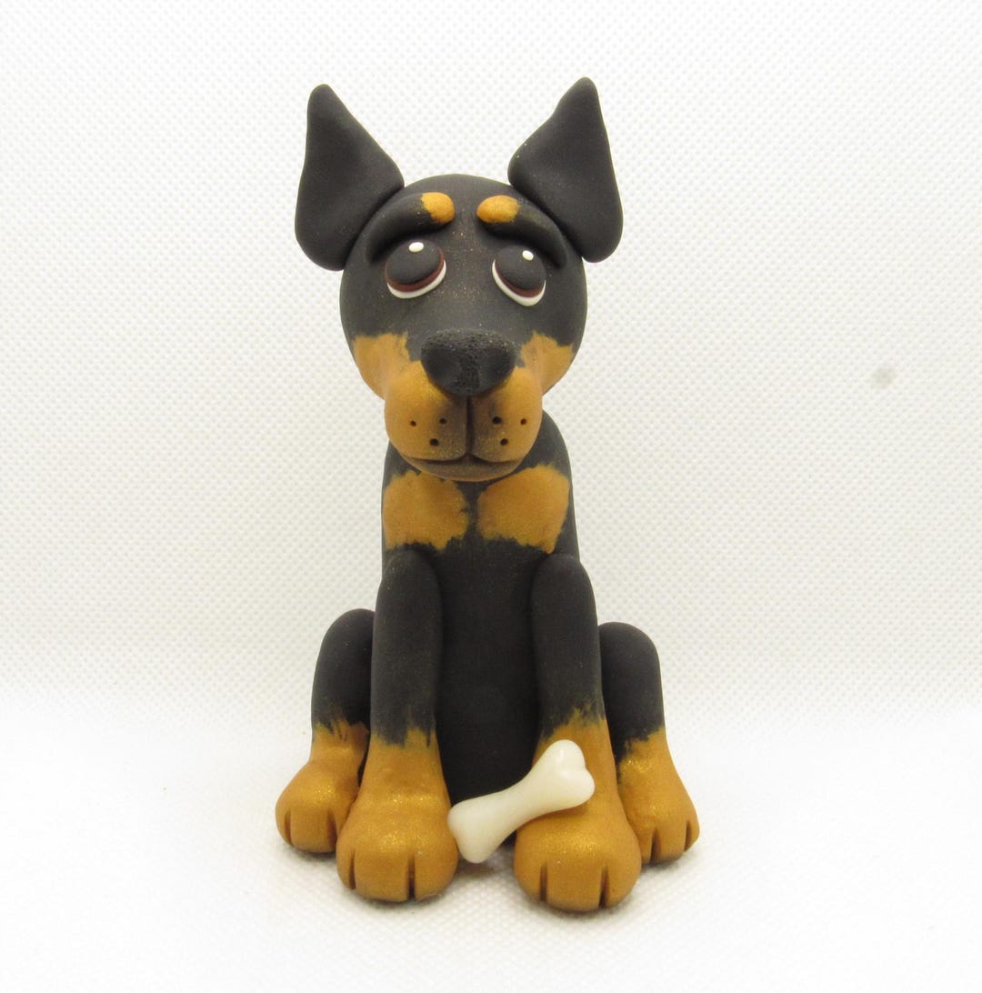 Doberman Pinscher Dobie With Bone Polymer Clay Figurine Custom Dog Gift ...