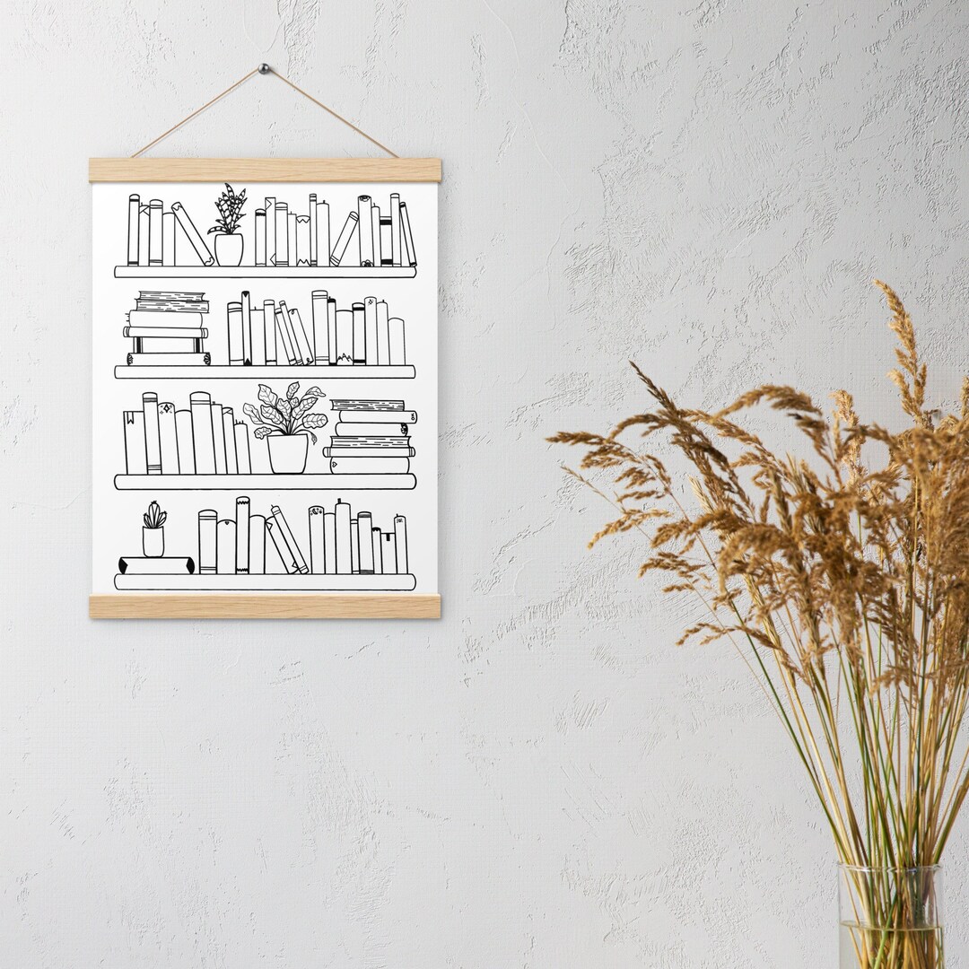 Bookshelf Line Art Poster With Hangers Author Signatures Poster Modern ...