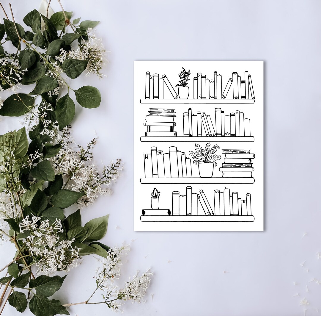 Hand-drawn Bookshelf Digital Art Print Customizable Spaces for Book ...