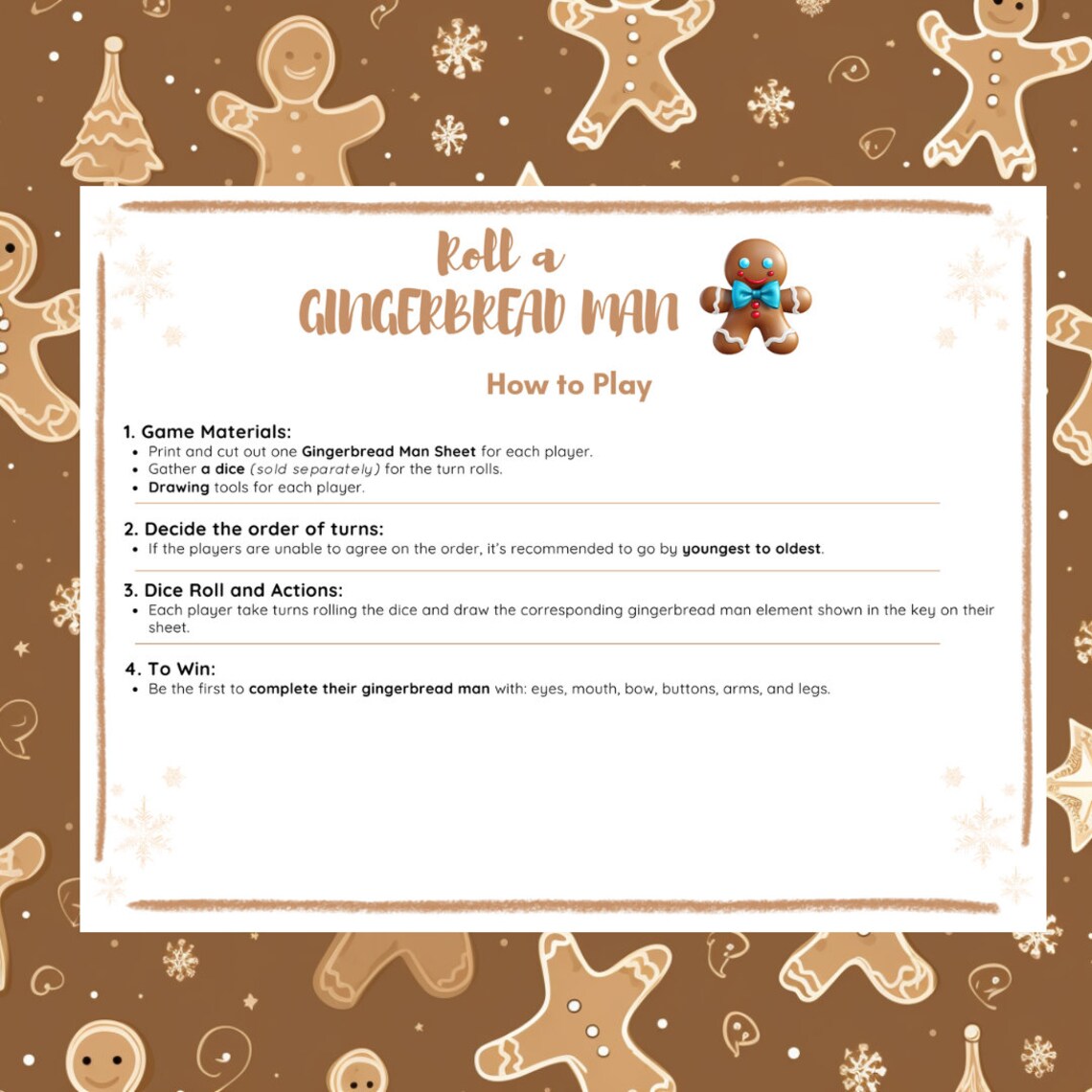 Roll A Gingerbread Man Game Printable Christmas Dice Game Winter ...