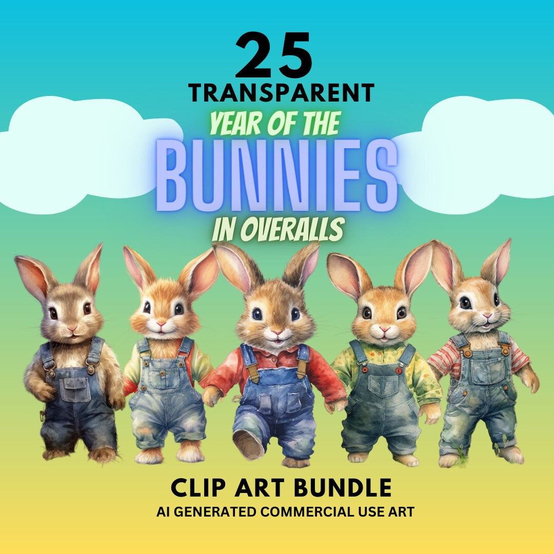Easter Bunny in Overalls Transparent Clip Art PNG Bundle DIY Honey ...