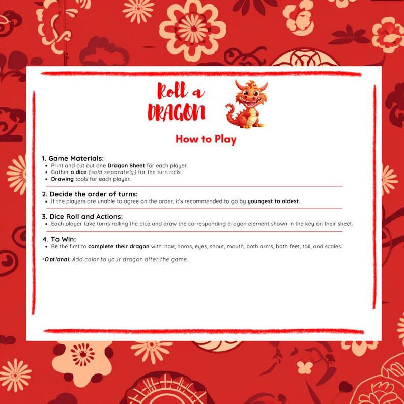 Roll A Dragon Game Printable New Year Dice Game Winter Drawing Game ...