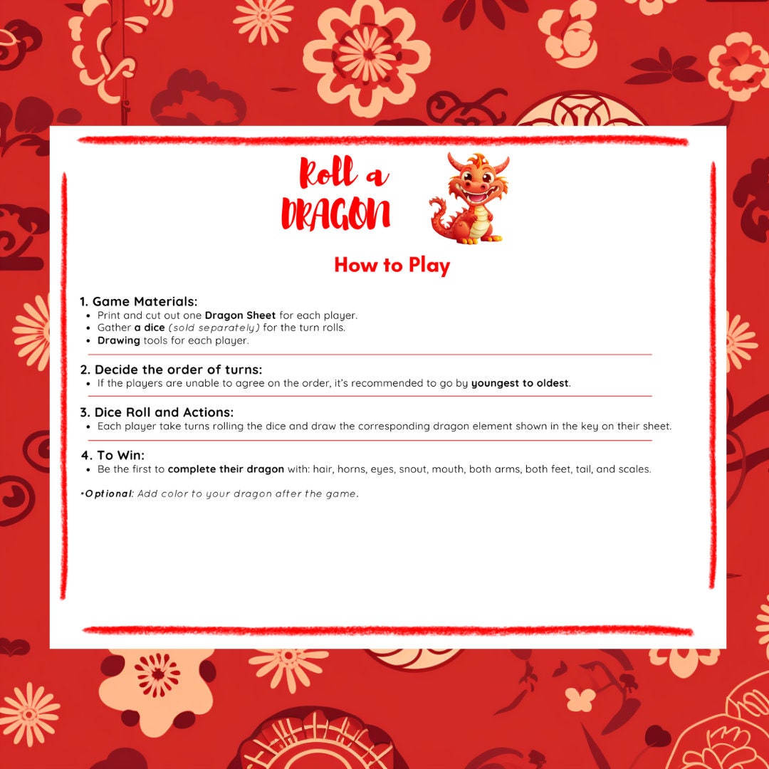 Roll A Dragon Game Printable New Year Dice Game Winter Drawing Game ...