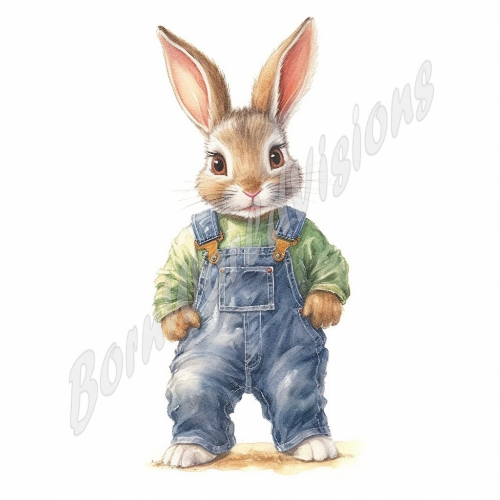 Easter Bunny in Overalls Transparent Clip Art PNG Bundle DIY Honey ...
