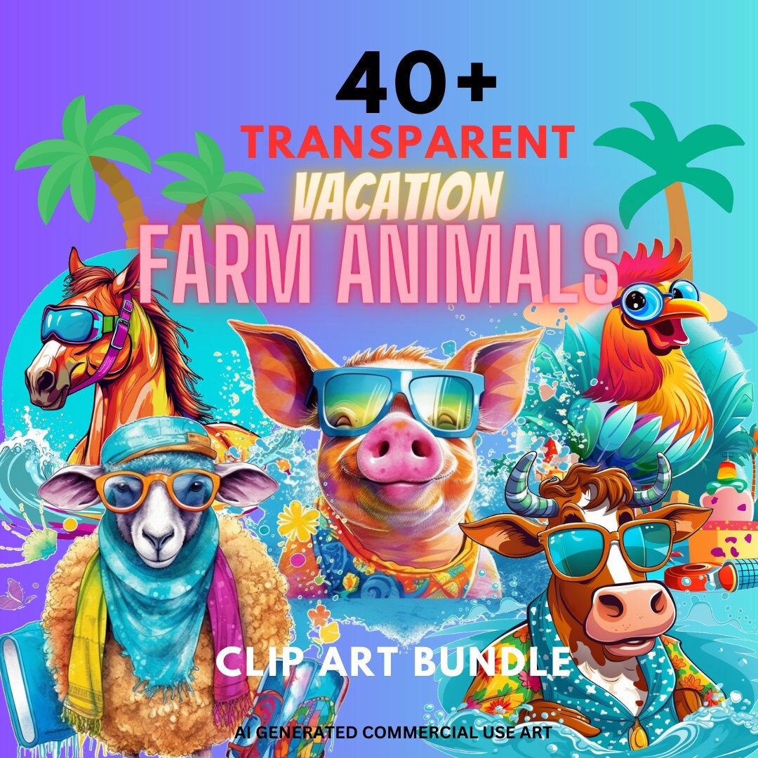 Farm Animals on Vacation Bundle Clip Art DIY Digital Illustrations ...