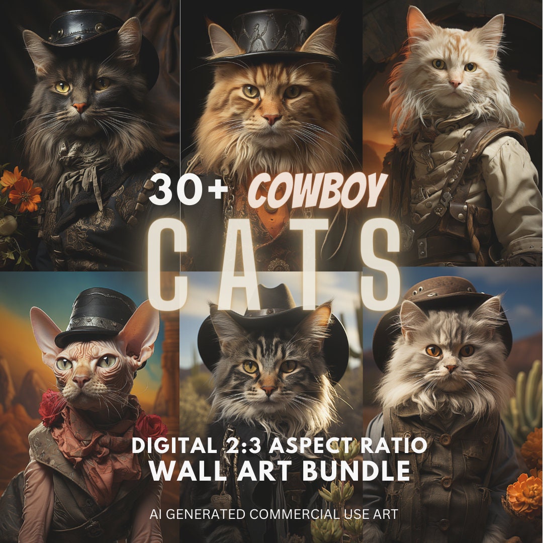 Cowboy Cats DIY Poster Printable PNG Digital Art Bundle Commercial Use ...