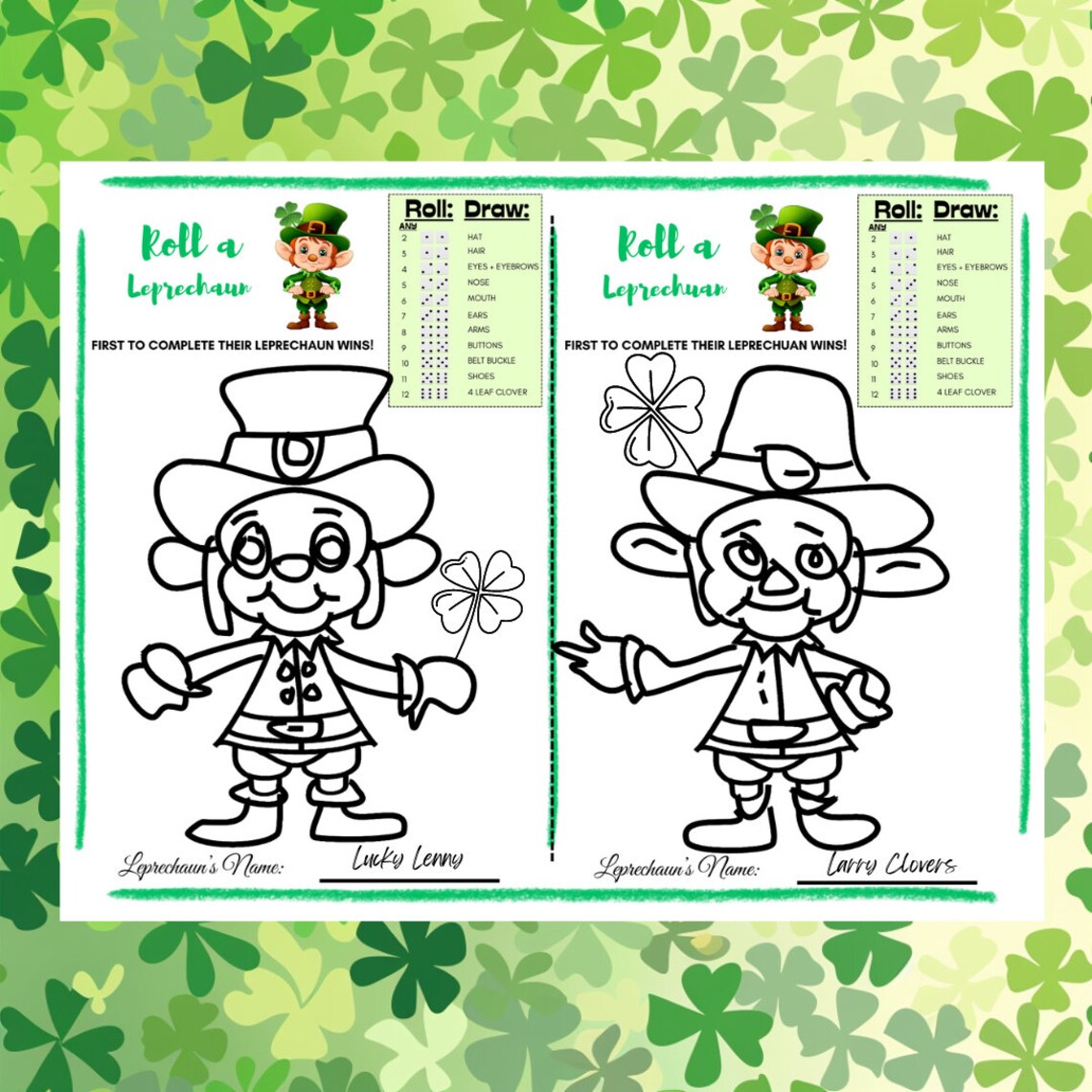 Roll A Lucky Leprechaun Game Printable Saint Patrick's Day Dice Drawing ...