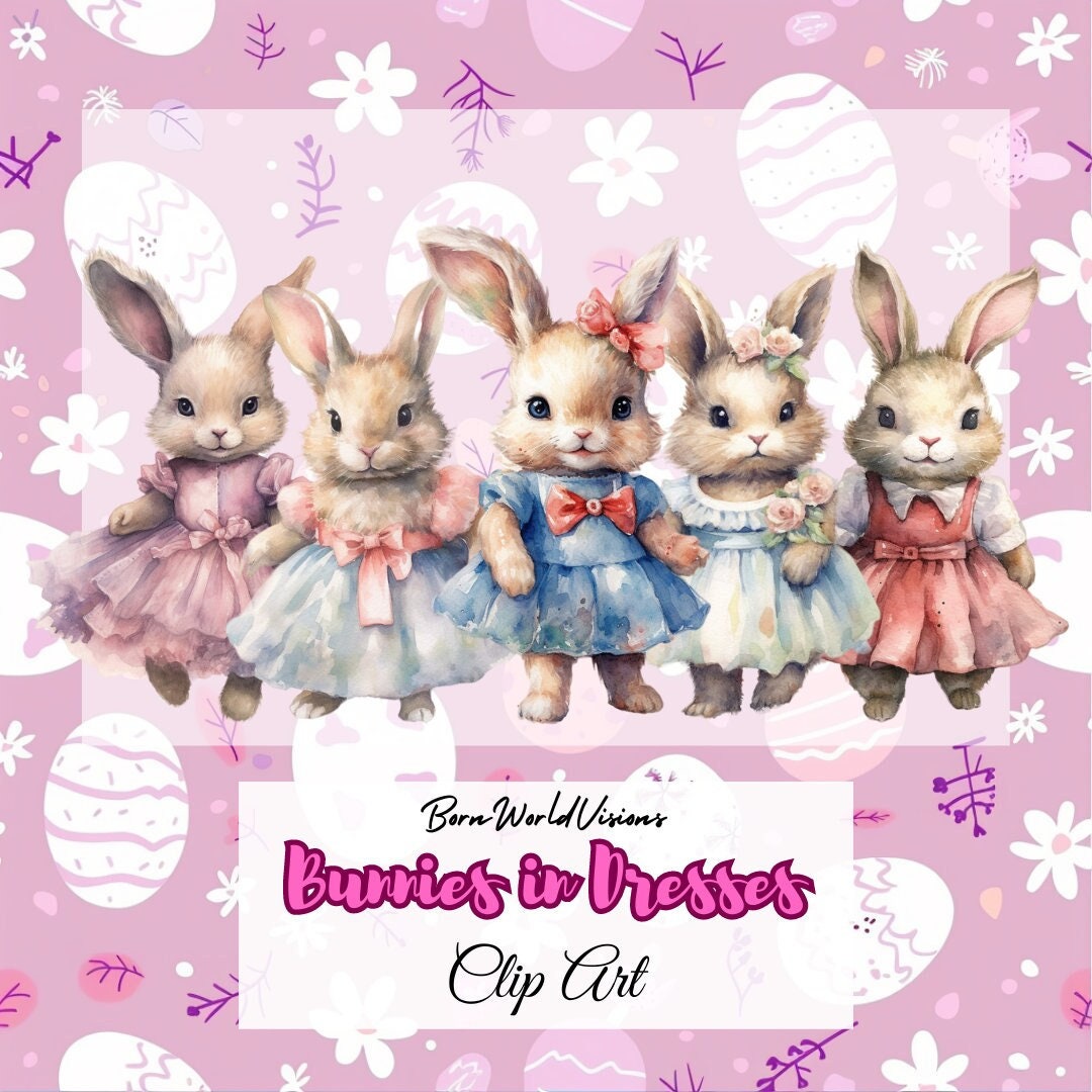 Easter Bunny in Dresses Transparent Clip Art PNG Bundle DIY Commercial ...