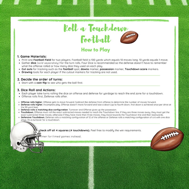 Roll A Touchdown Football Game, Printable Football Dice Game ...