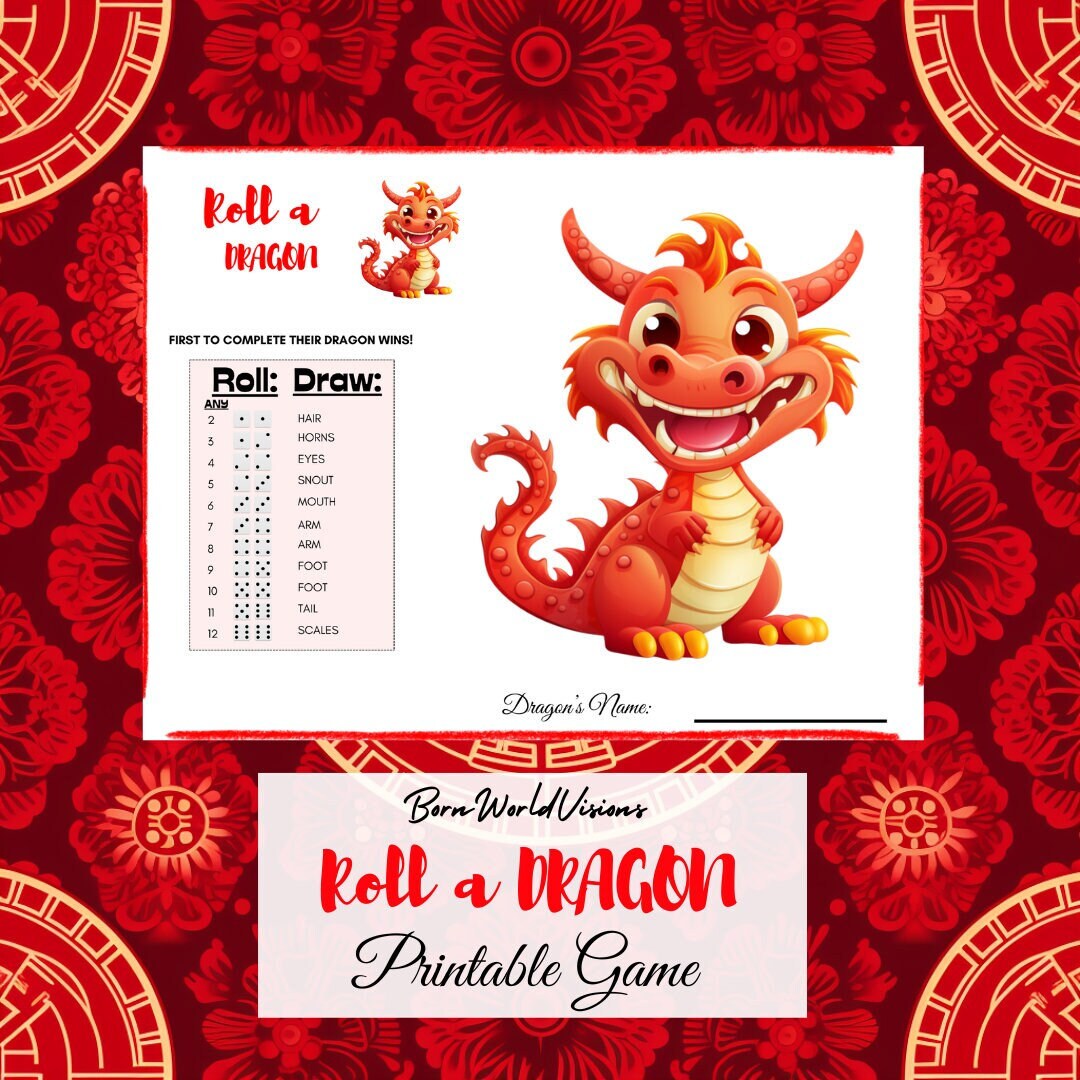 Roll A Dragon Game Printable New Year Dice Game Winter Drawing Game ...