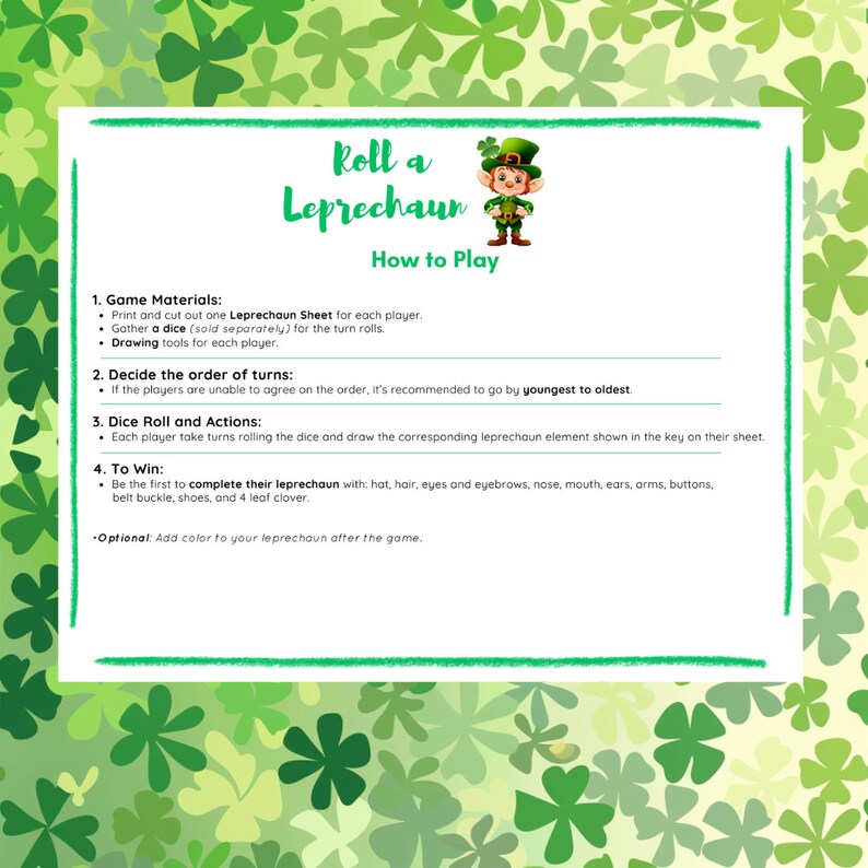 Roll A Lucky Leprechaun Game Printable Saint Patrick's Day Dice Drawing ...