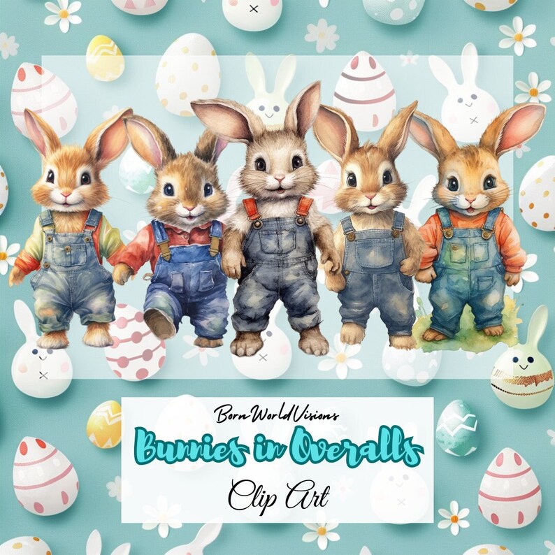 Easter Bunny in Overalls Transparent Clip Art PNG Bundle DIY Honey ...