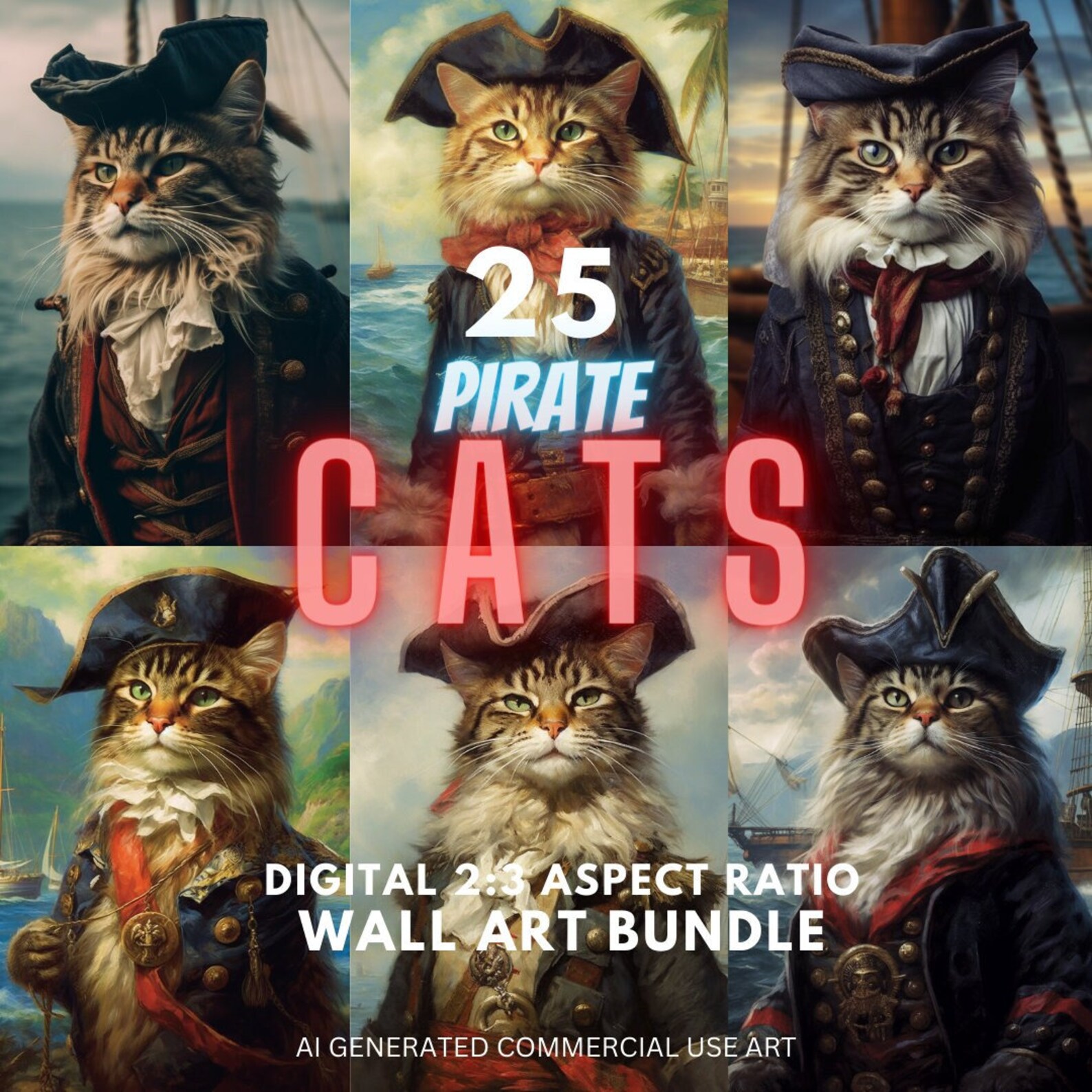 Pirate Cats DIY Poster Printable PNG Digital Art Bundle Commercial Use ...