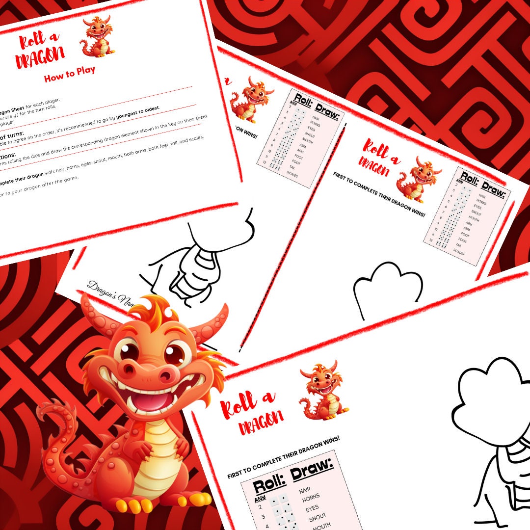 Roll A Dragon Game Printable New Year Dice Game Winter Drawing Game ...