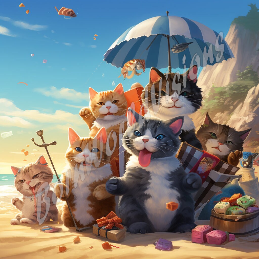 Beach Cats DIY Poster Printable PNG Digital Art Bundle Commercial Use ...