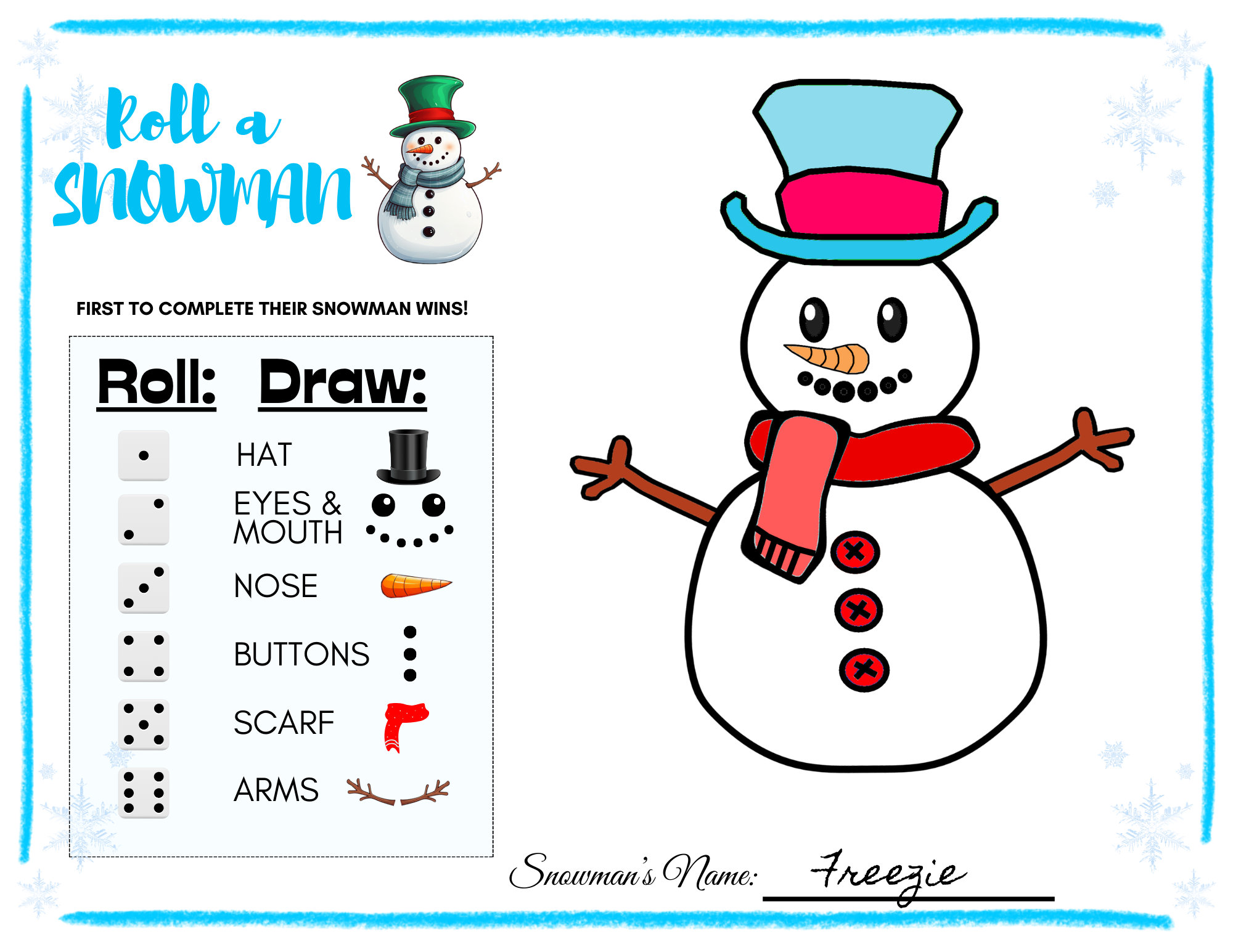 Roll A Snowman Game Printable Christmas Dice Game Winter Drawing Game ...