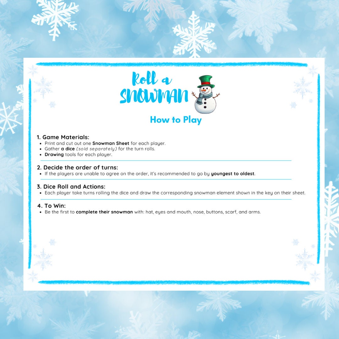 Roll A Snowman Game Printable Christmas Dice Game Winter Drawing Game ...