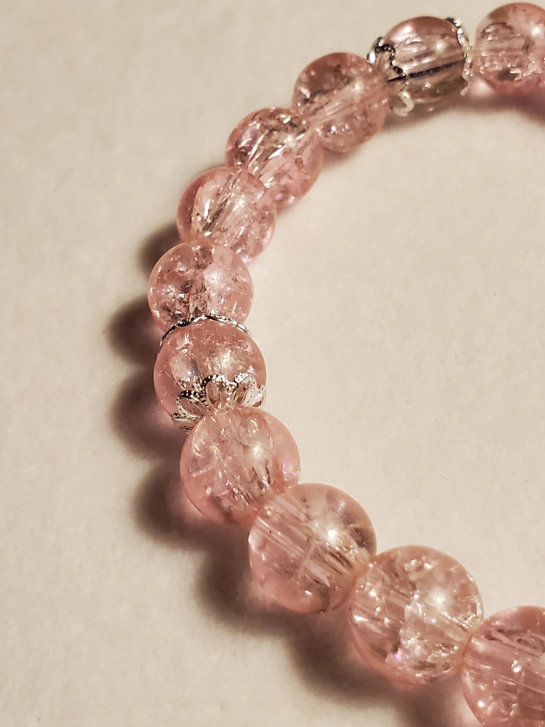 Breast Cancer Awareness Stretch Bracelet, Pink Crackle Glass Beads With ...