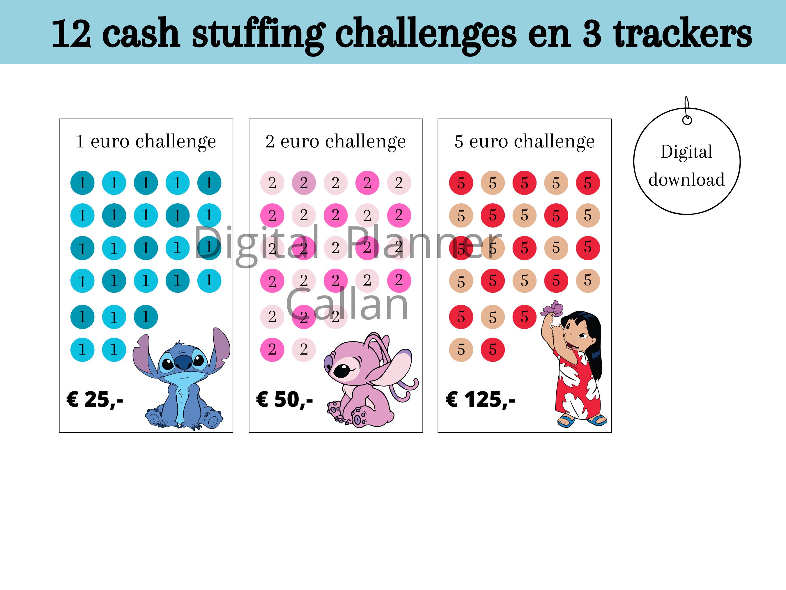 Stitch set challenges voor cash stuffing, euro sparen, spaar spellen ...