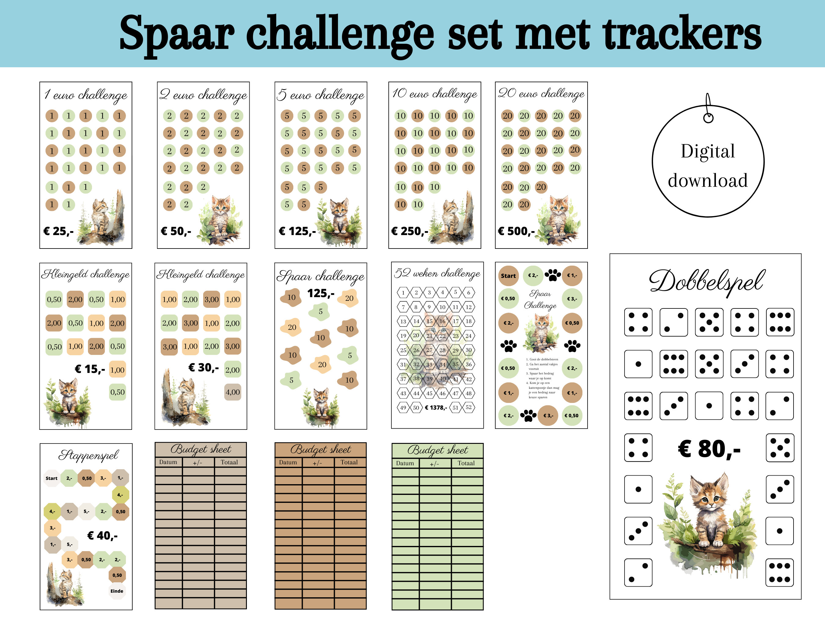 Set challenges voor cash stuffing, euro sparen, spaar spellen ...