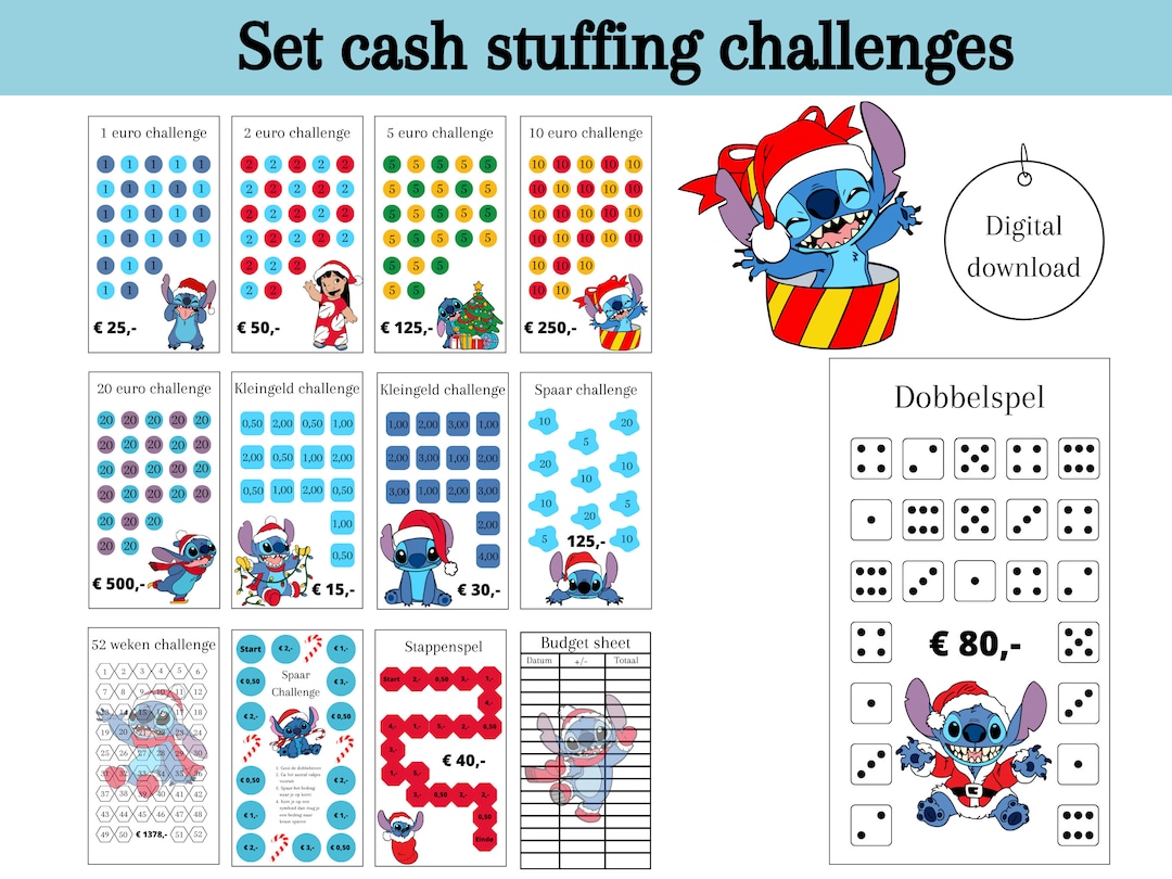 Stitch kerst set challenges voor cash stuffing, euro, spaar spellen ...