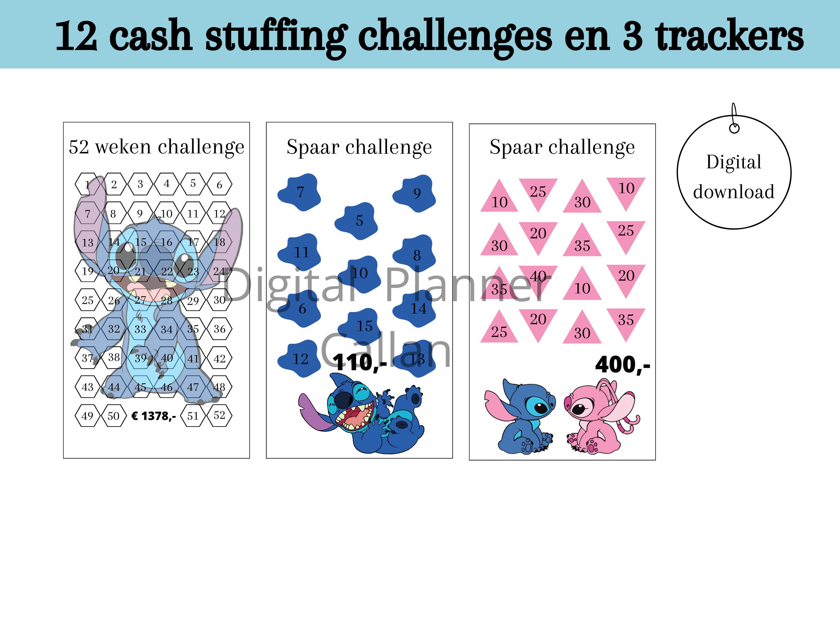 Stitch set challenges voor cash stuffing, euro sparen, spaar spellen ...