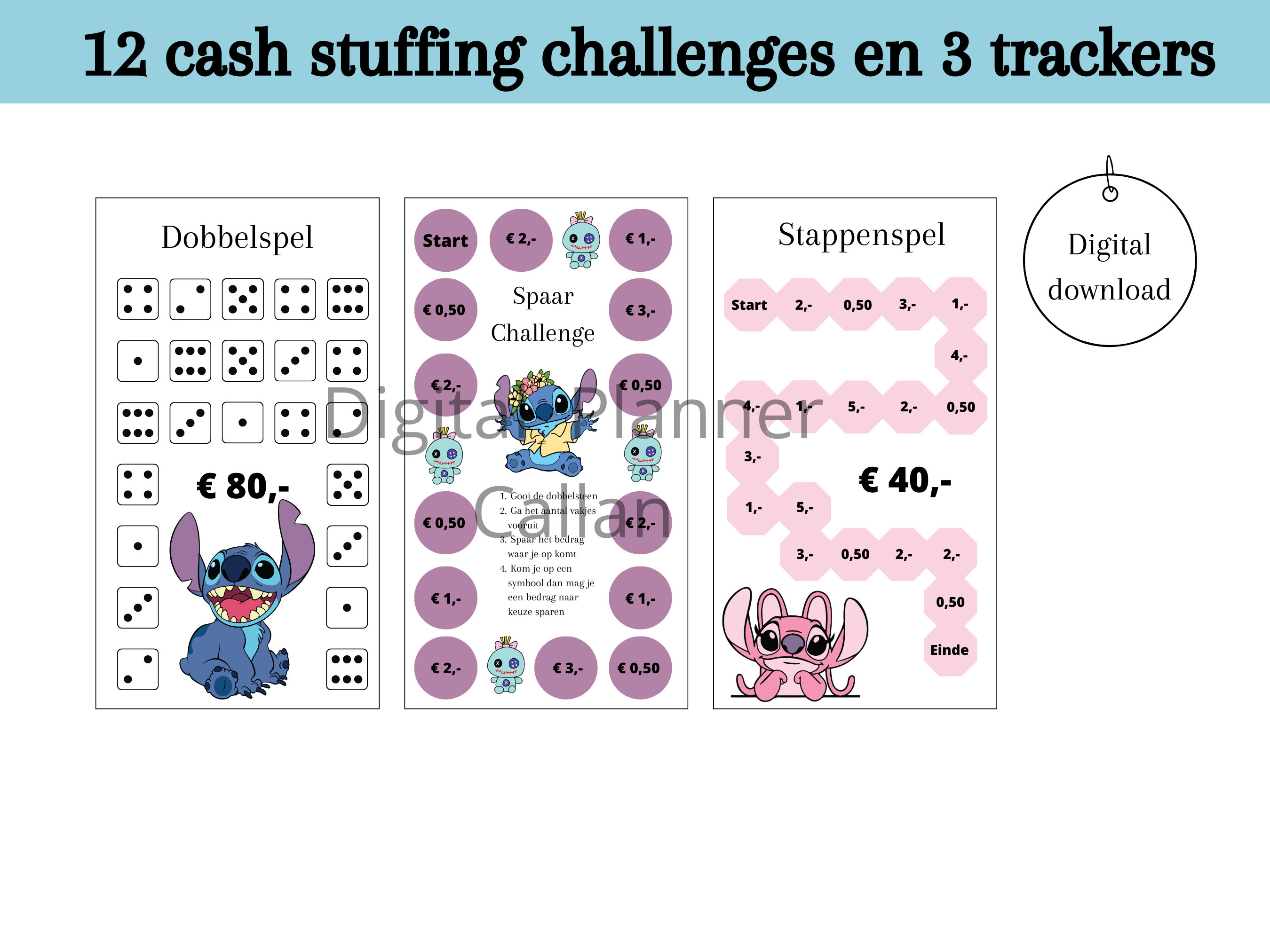 Stitch set challenges voor cash stuffing, euro sparen, spaar spellen ...