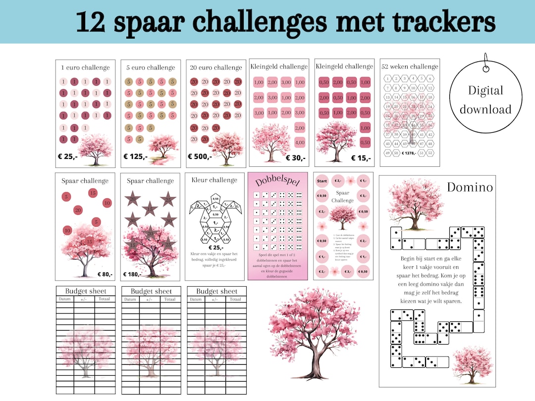 Set challenges voor cash stuffing, euro sparen, spaar spellen ...