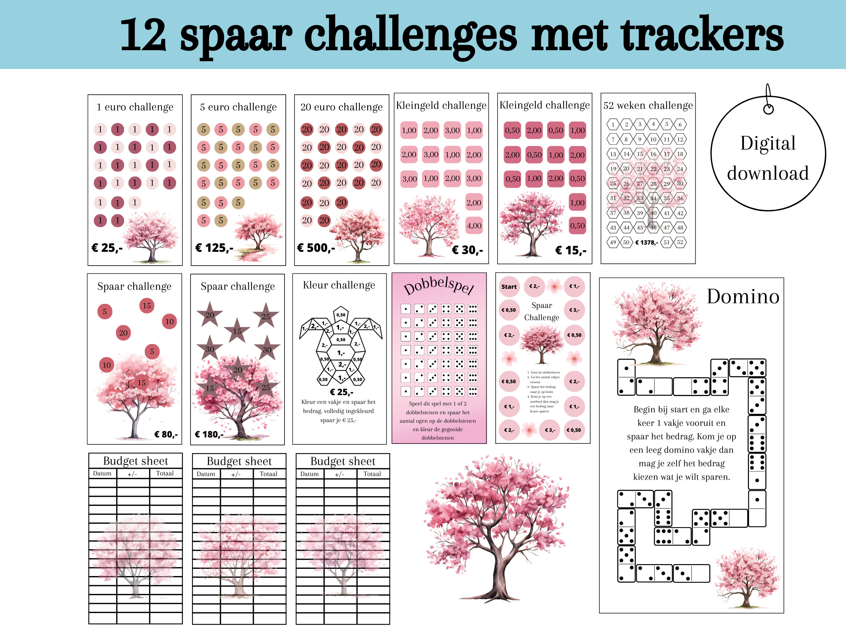 Set challenges voor cash stuffing, euro sparen, spaar spellen ...