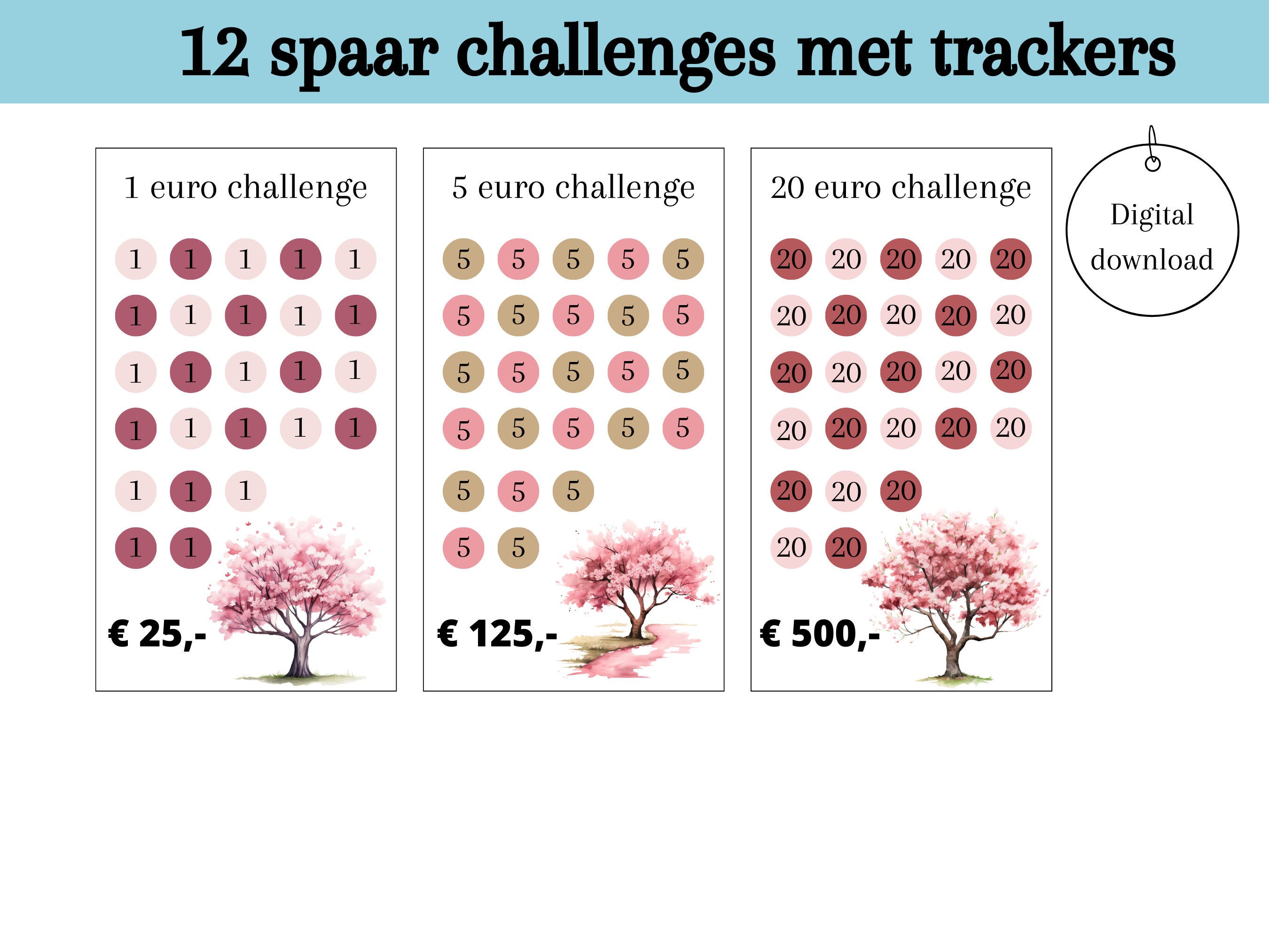 Set challenges voor cash stuffing, euro sparen, spaar spellen ...