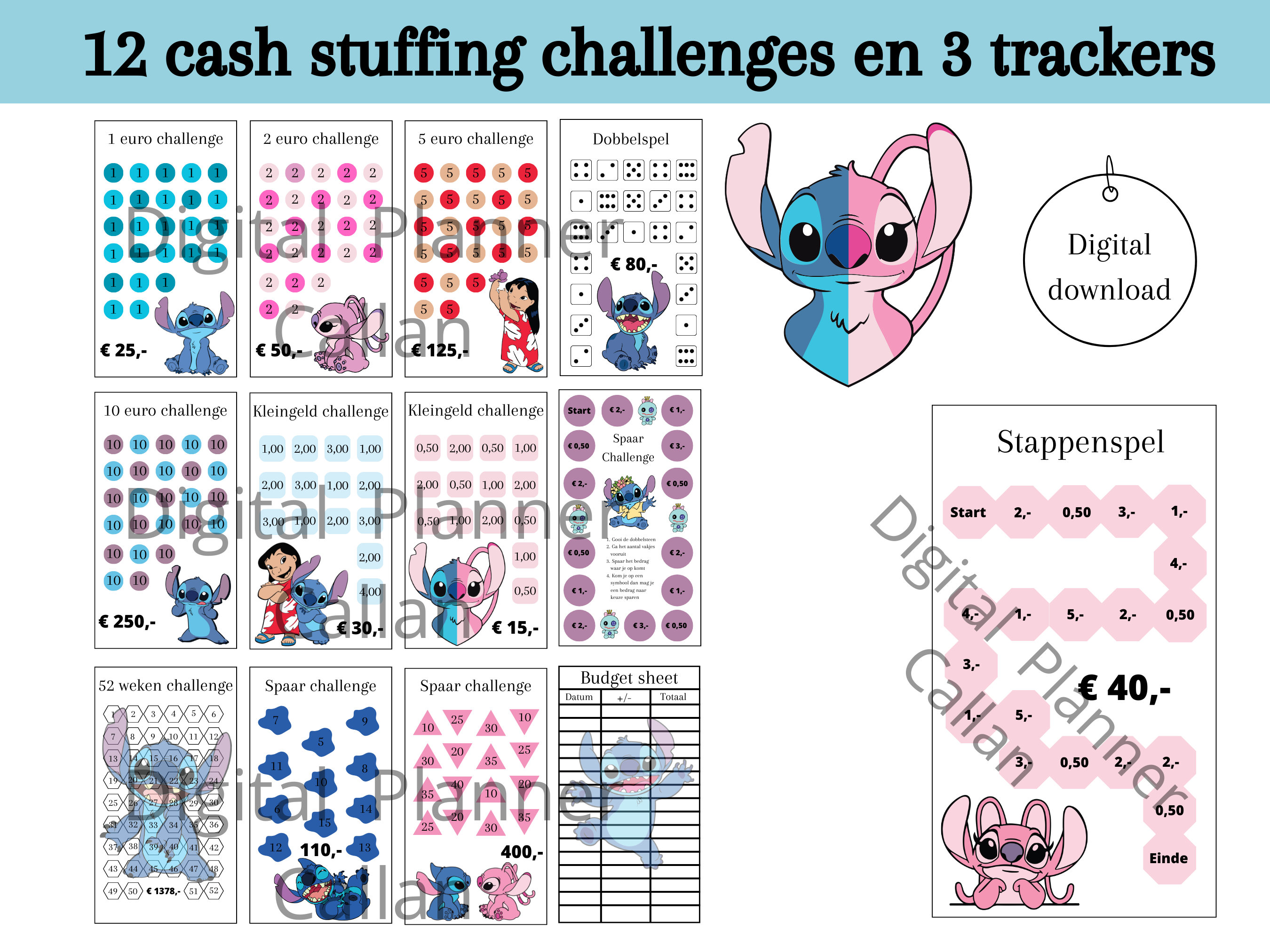Stitch set challenges voor cash stuffing, euro sparen, spaar spellen ...