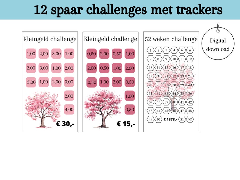 Set challenges voor cash stuffing, euro sparen, spaar spellen ...