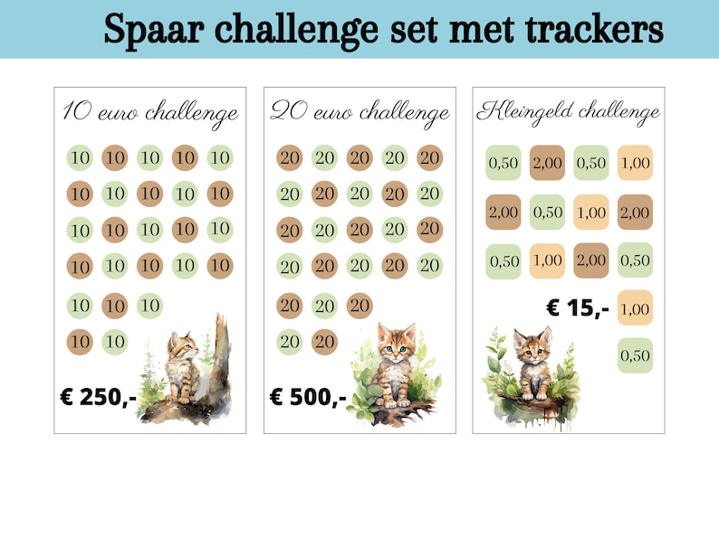 Set challenges voor cash stuffing, euro sparen, spaar spellen ...