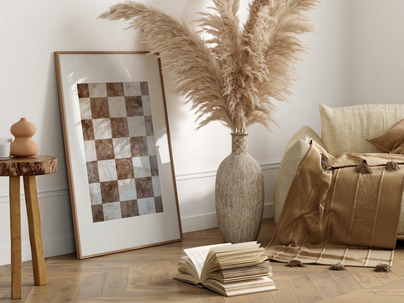 Checkered Art Print, Neutral Checkerboard Art Groovy Retro Poster ...