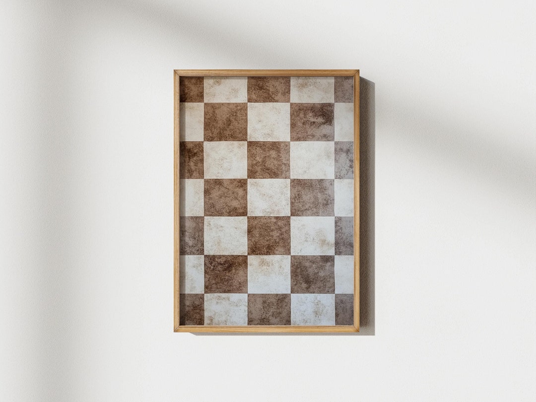 Checkered Art Print, Neutral Checkerboard Art Groovy Retro Poster ...