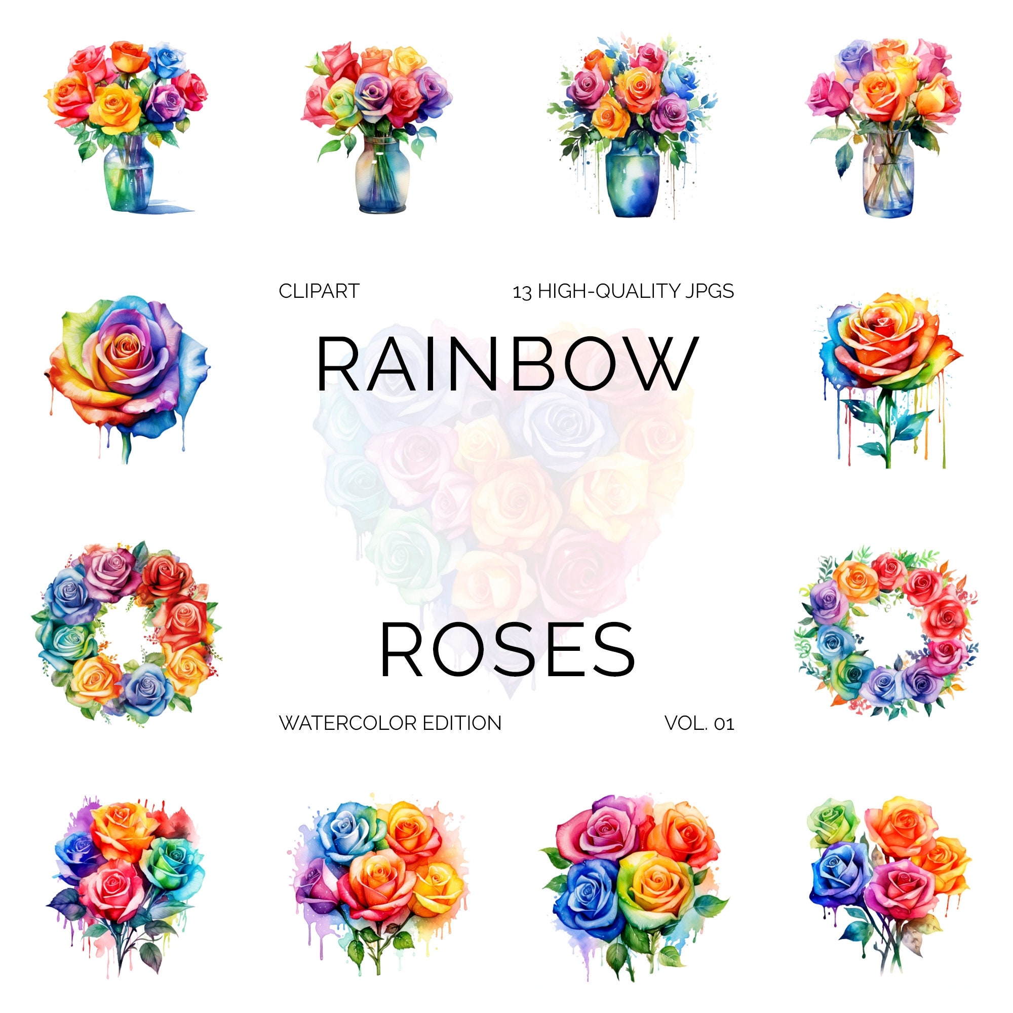 Rainbow Roses | Rainbow Roses Clipart | JPG | Instant Download ...