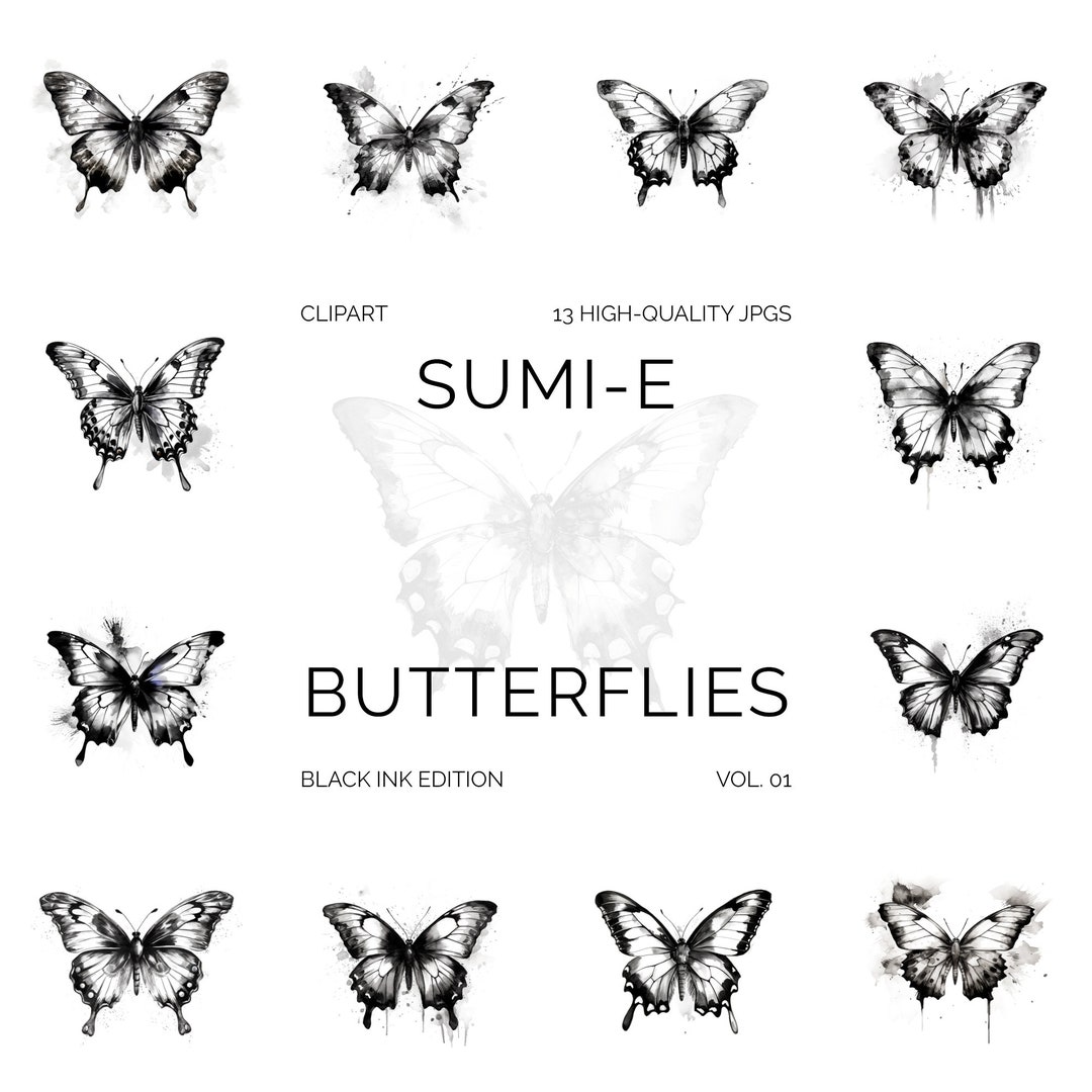 Sumi-e Butterflies | Black Ink Butterflies Clipart | JPG | Instant ...
