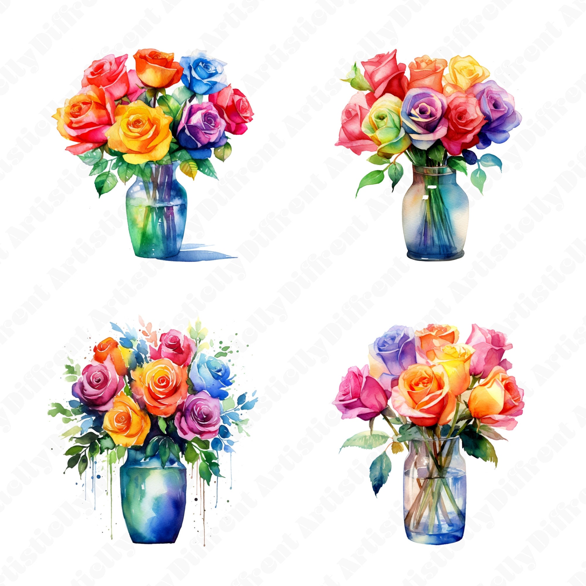 Rainbow Roses | Rainbow Roses Clipart | JPG | Instant Download ...