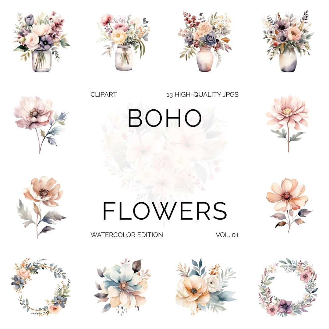 Boho Flowers | Boho Flowers Clipart - Vol. 01 | JPG | Instant Download ...
