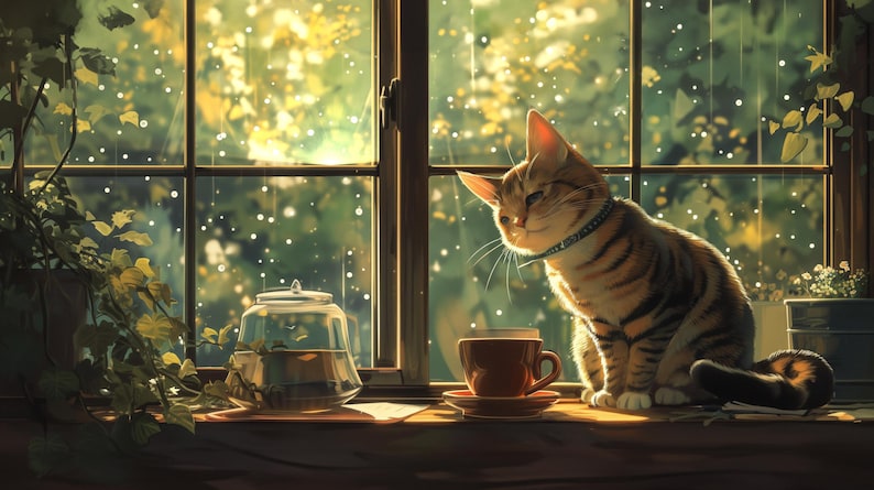 Animated Sunset & Playful Cat Vtuber Background.l Backdrop Features a ...