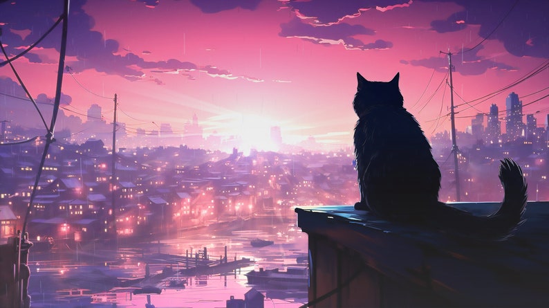 Purple Neon Cat in the Rain With Lofi: Twitch & OBS Vtuber Background ...