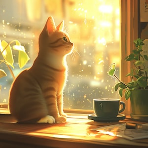 Cozy Vtuber Indoor Scene With a Ginger Cat Enjoying a Sunlit Window ...