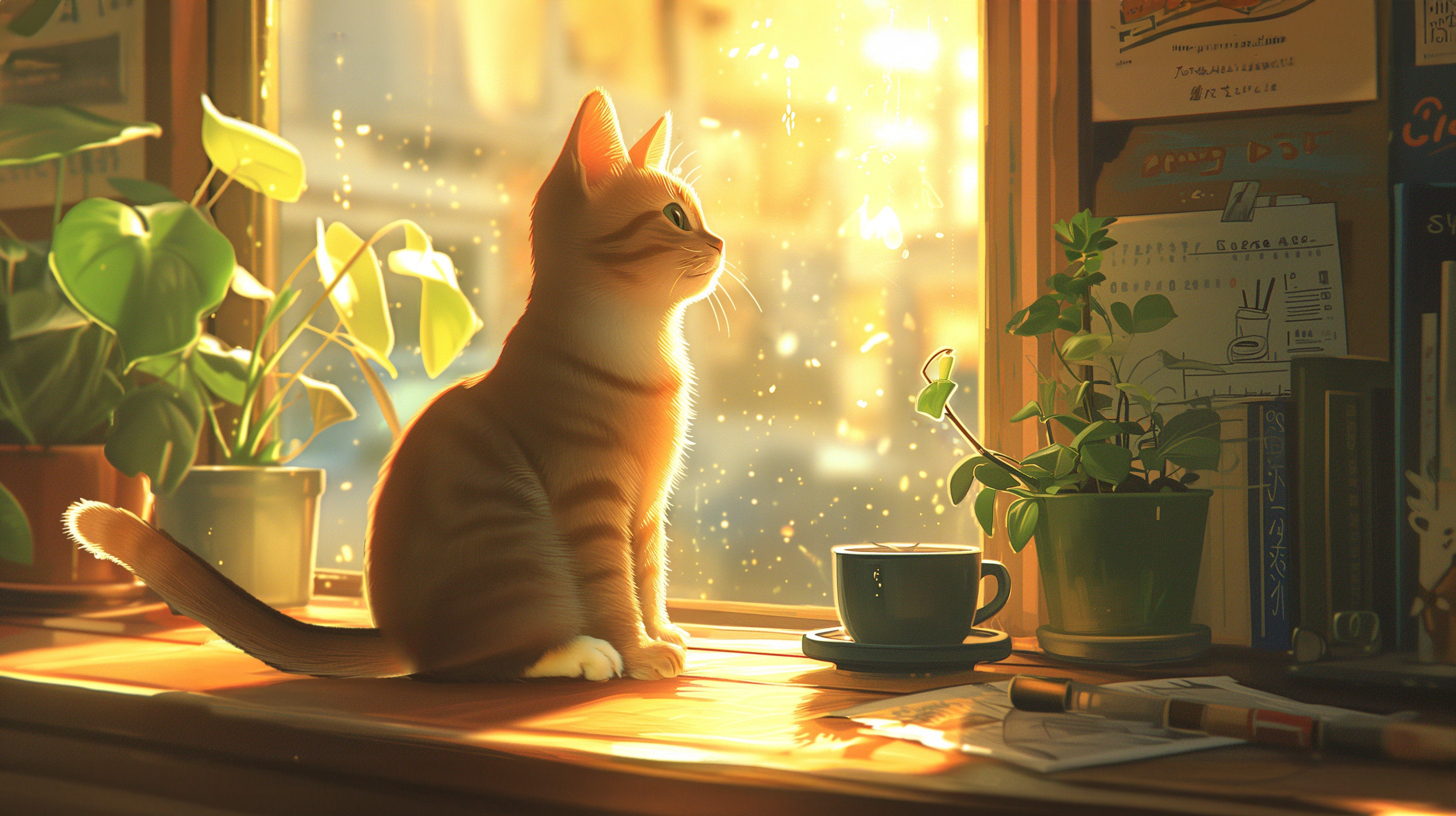 Cozy Vtuber Indoor Scene With a Ginger Cat Enjoying a Sunlit Window ...