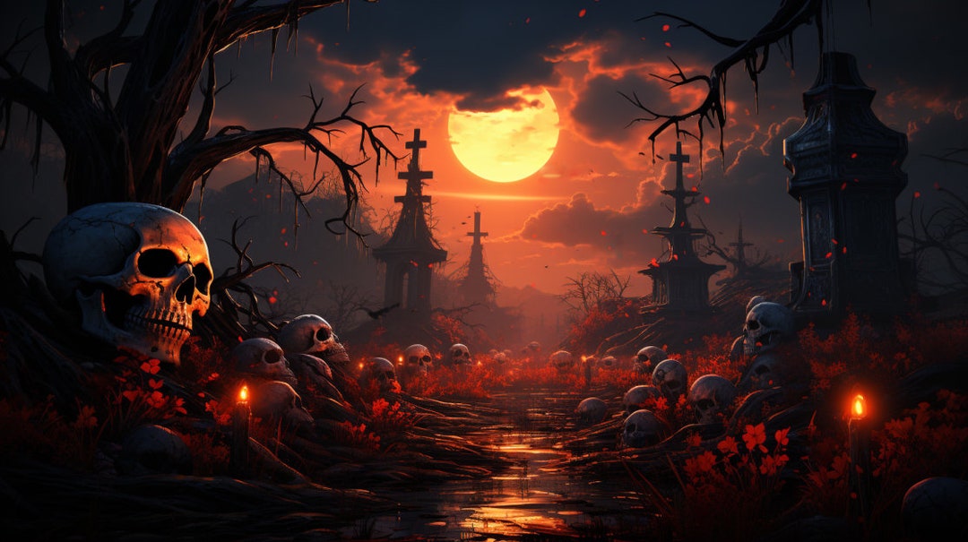 Flames and Skulls, Looped Animated Background, Haunted Graveyard and ...
