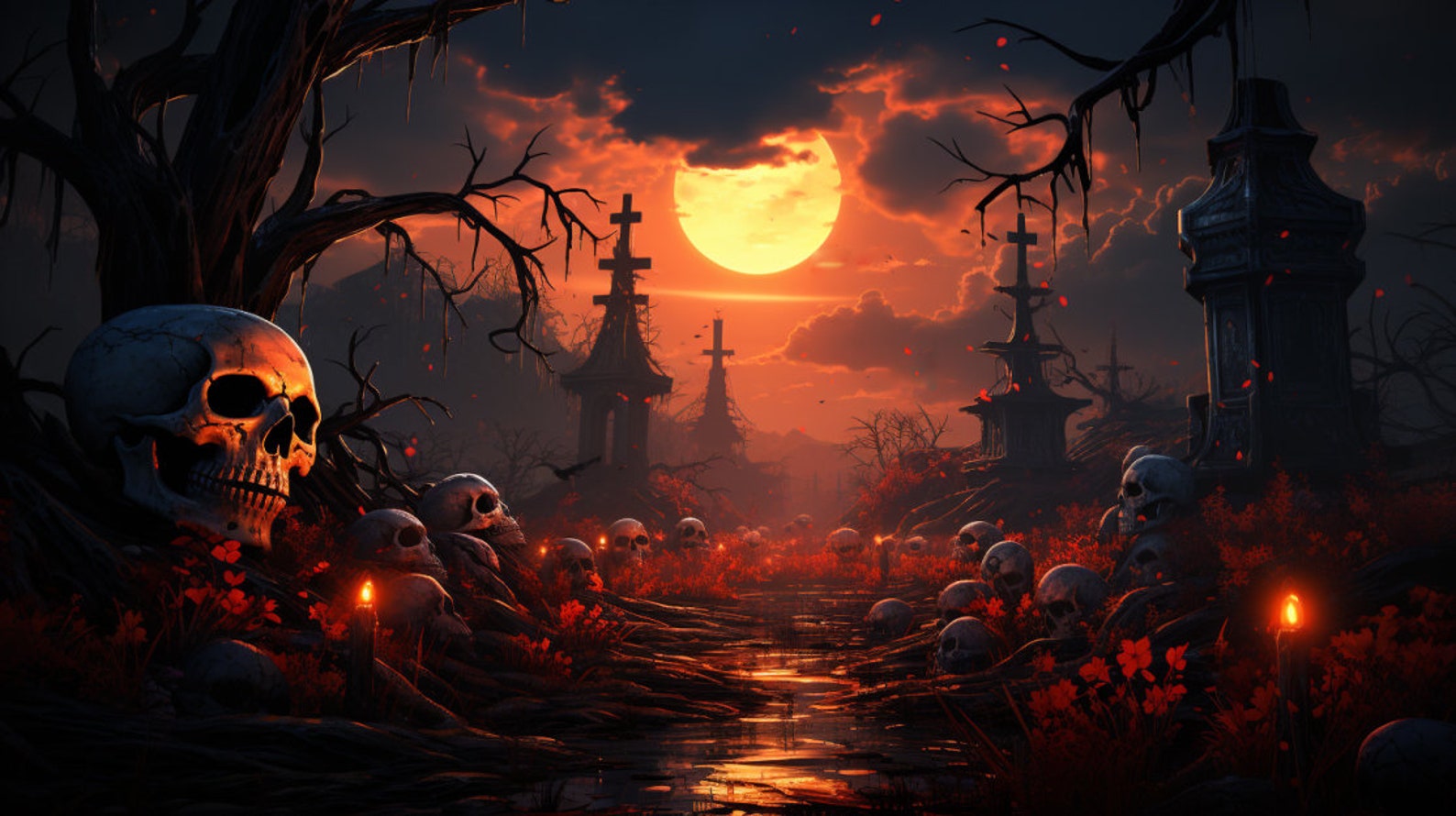 Flames and Skulls, Looped Animated Background, Haunted Graveyard and ...