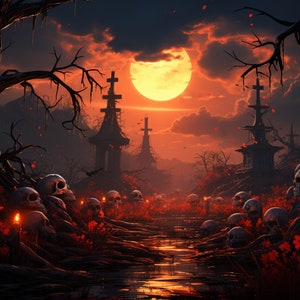 Flames and Skulls, Looped Animated Background, Haunted Graveyard and ...