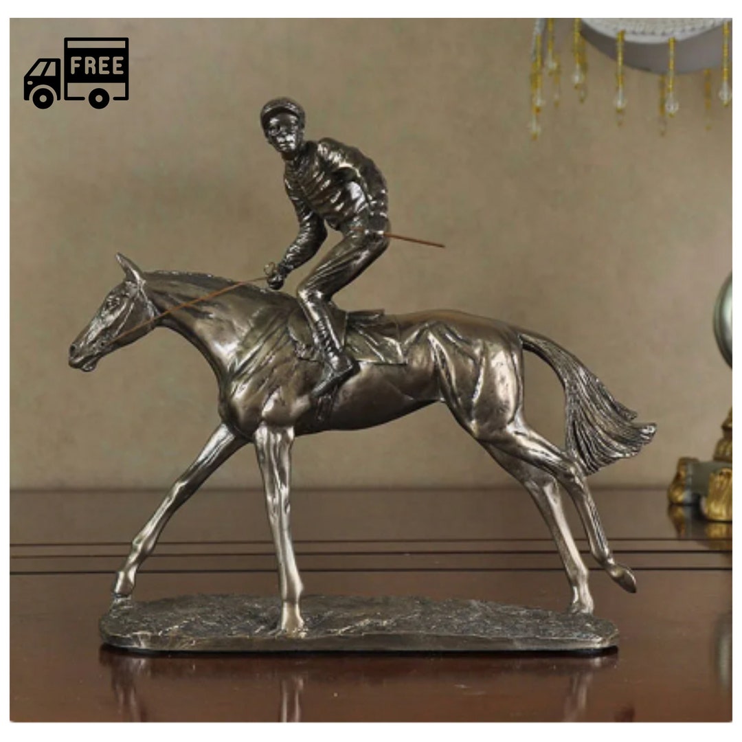 Handcrafted Resin Racehorse Statue With Galloping Rider, Collectible ...