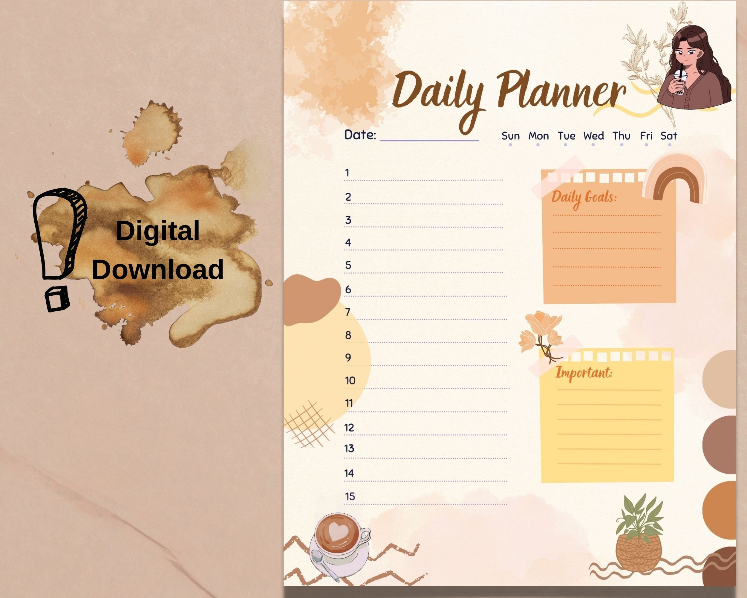 Printable Planner, Coffee-themed Digital Daily Planner, Cozy Daily ...