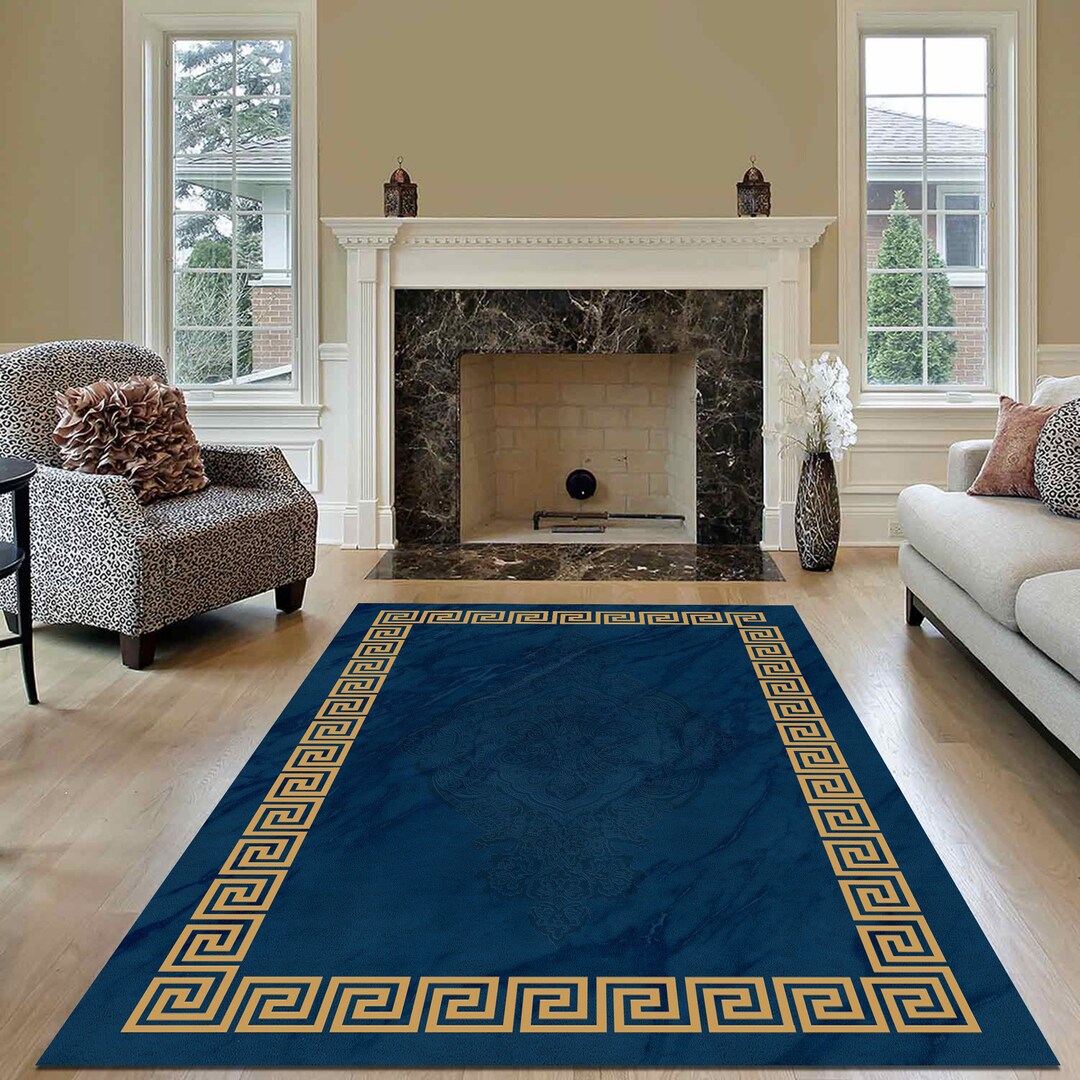Blue and Gold Ancient Greek Wave Rug, Greek Mythology, Modern Rug ...