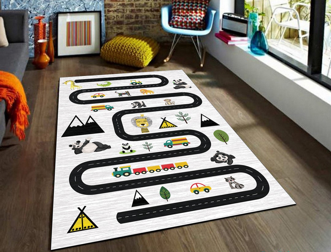 Train Track Patterned Children's Play Rug, Anti Allergic, Machine ...